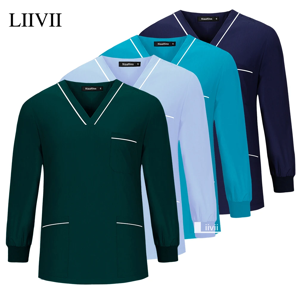 Long-Sleeve-Medical-Clothes-Women-Scrubs-Tops-Nurse-Nursing-Uniform-Vet ...
