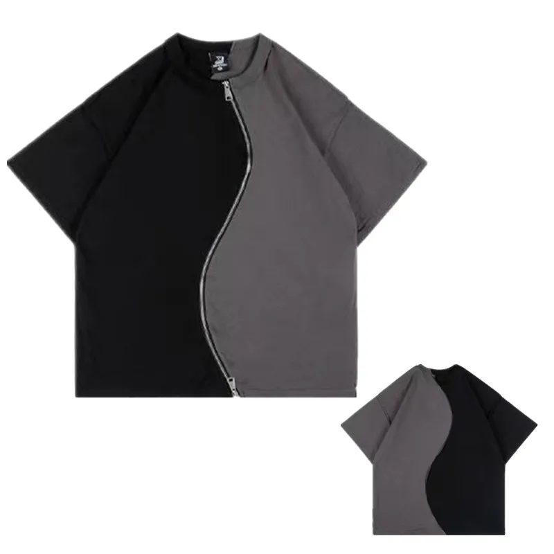 Summer-New-Techwear-Mens-Black-Zip-Up-Patch-Stich-Short-Sleeve-T-Shirts ...