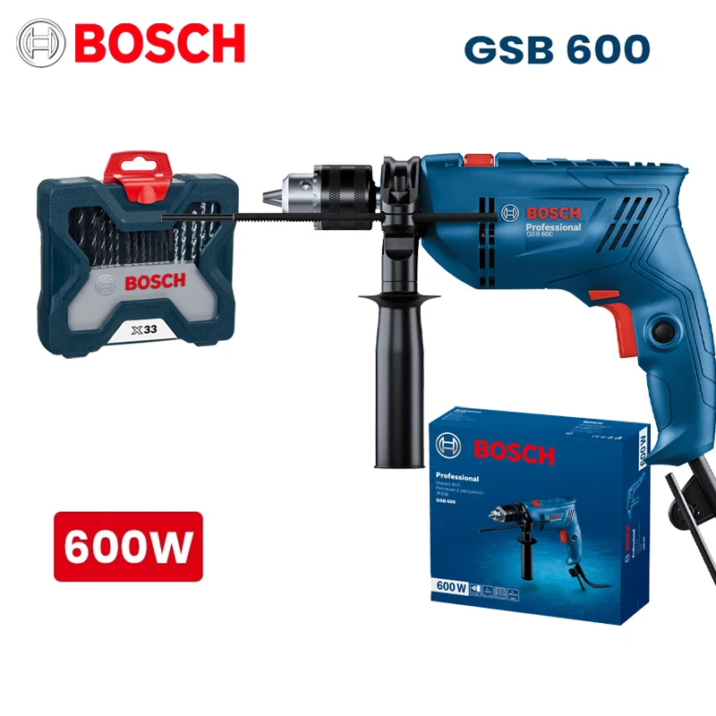 보쉬 GSB 600 임팩트 드릴, 유선 전기 드릴, 정회전 및 역회전, 벽돌 벽 드릴링 머신 전동 공구, 3000rpm ...