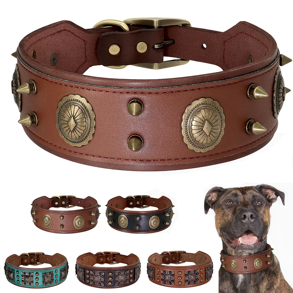 Durable-Wide-Dog-Collar-Luxury-Real-Leather-Big-Dog-Collars-Rivet-Pet ...