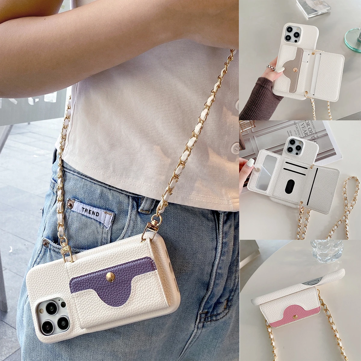 Metal Chain Strap Wallet Phone Case For iPhone 15 14 13 12 11 Pro Max ...