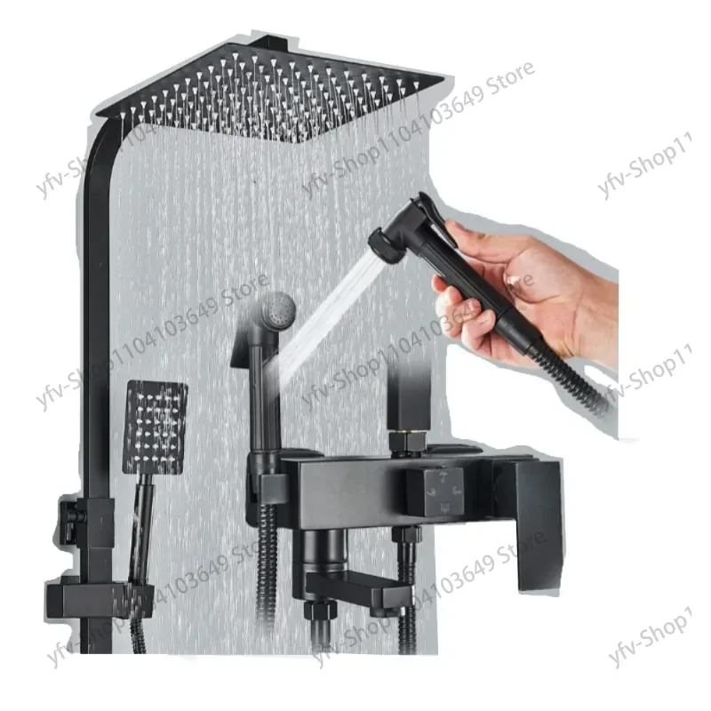 Rainfall-Bathroom-Shower-Faucet-Set-With-Bidet-Mixer-Tap-Black-Wall ...