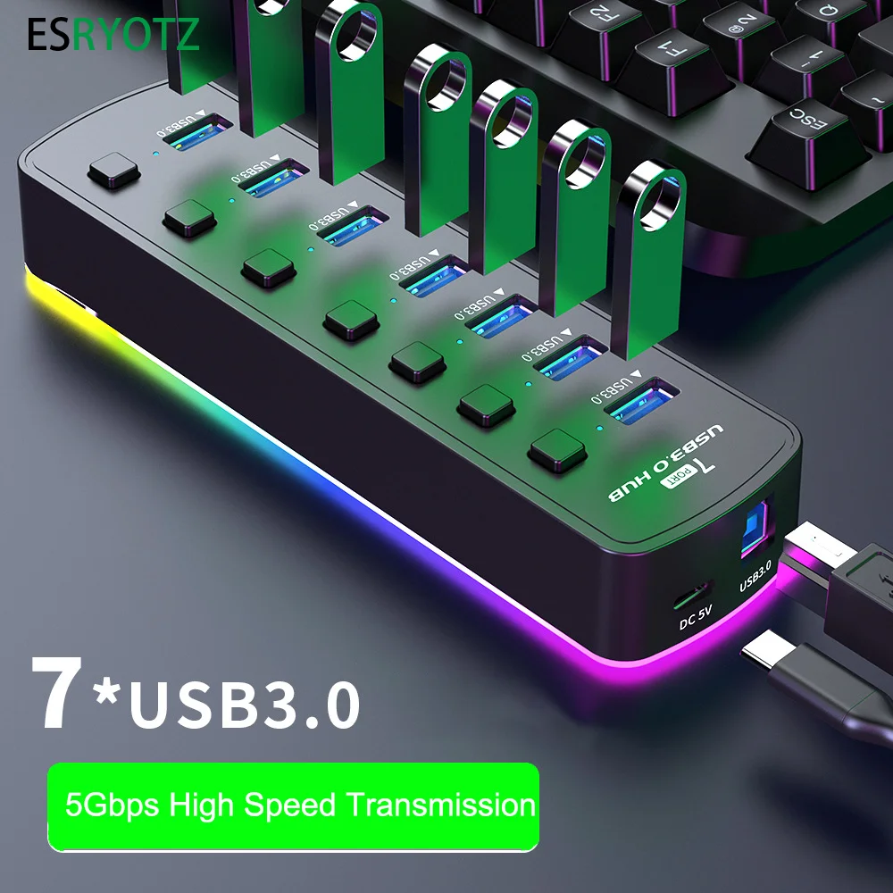 7-In-1-RGB-Desktop-Switch-USB-Hub-3-0-Adapter-Splitter-blinky-led-5Gbps ...