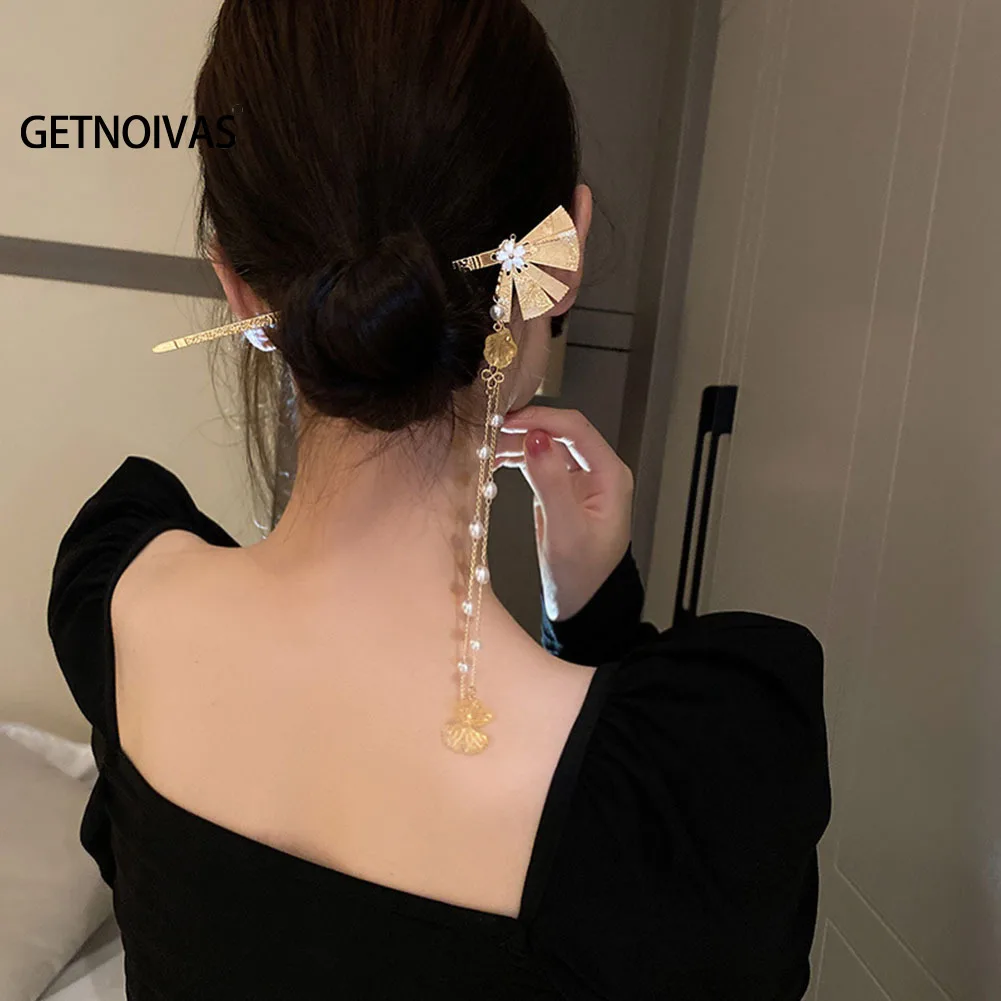 레트로 스타일 플라워 헤어 포크 중국 스타일 팬 모양 헤어 스틱 여성용 소녀 헤어 번 젓가락 술 헤어 액세서리