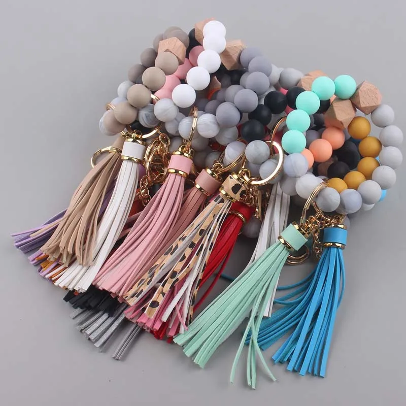 Silicone Beads Key Chains With Tassel Wood Beads Bracelet Keyring ...