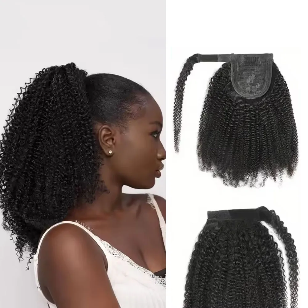 Afro Curly Drawstring Ponytail Human Hair Ponytails #1B Natural Black ...