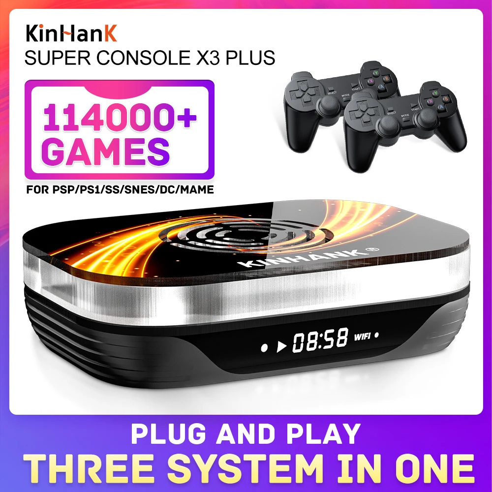 KINHANK Super Console x3 Plus Retro Video Game Console with 117000 Classic Games For PSP/PS1/SS ...