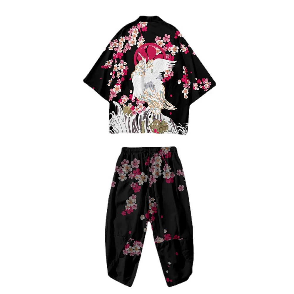 Fashion-Japanese-Anime-Robe-Black-Floral-And-Crane-Print-Cardigan-Men ...