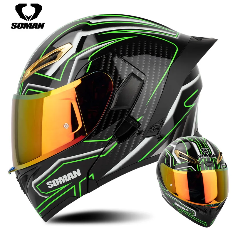 SOMAN Motorcycle Flip Up Helmet REVO Men Women Double Sun Visor DOT ECE ...