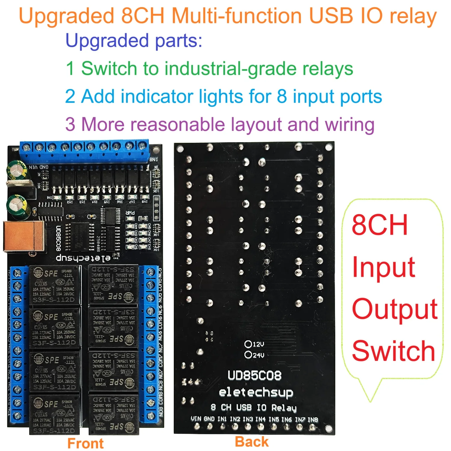 DC 12V 24V 8CH Input-Output PC UART COM USB Relay Module Electronic ...