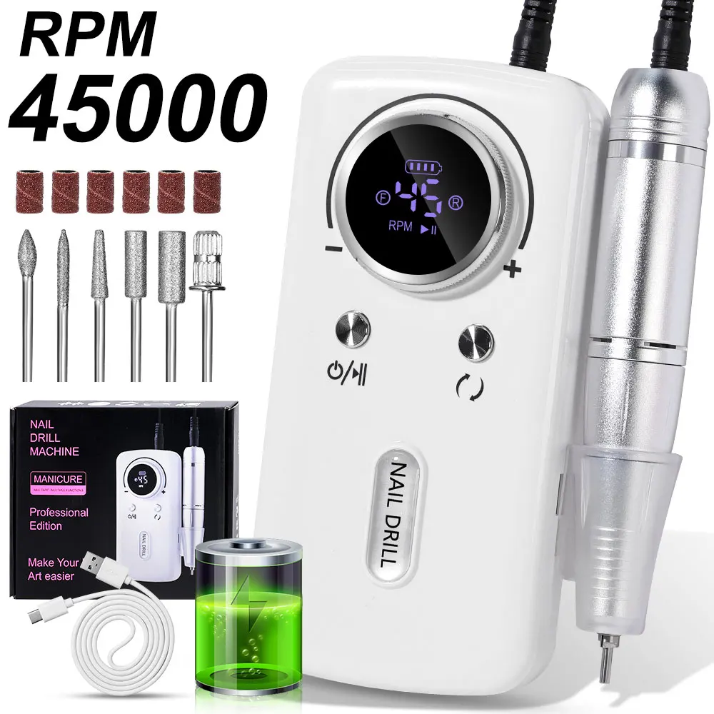 45000RPM Rechargeable Electric Nail Drill Rig Portable Nail File ...