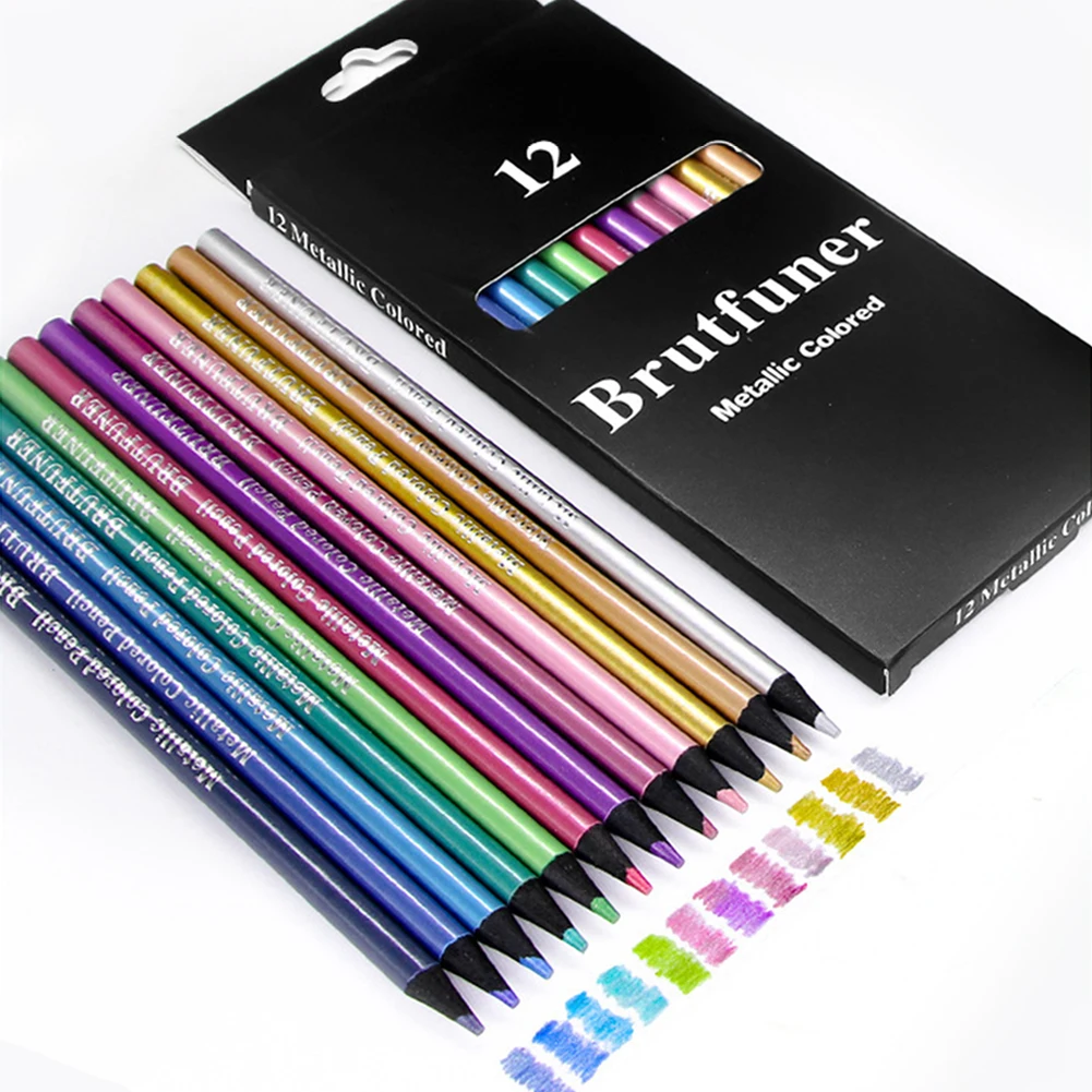 12 Color Metallic Colored Pencils Drawing Sketching Set Coloring Colour ...