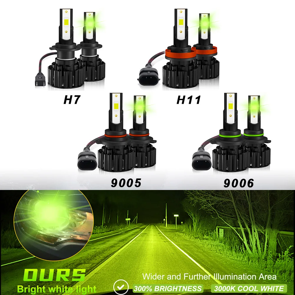 2pcs 72W Lemon Green LED Fog Light Bulbs Car Headlight H7 H8 H9 H11 ...