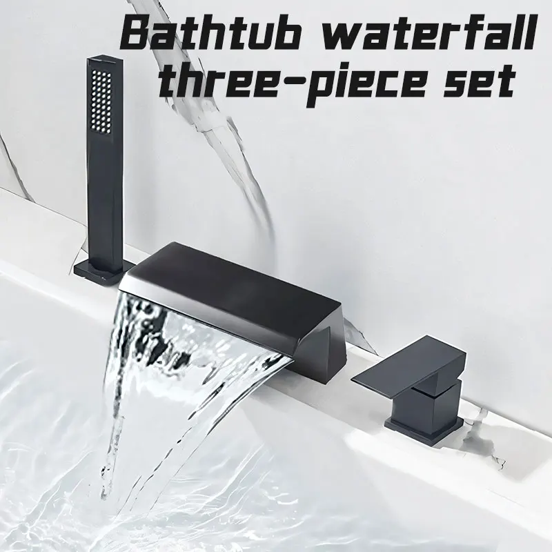 Black-Copper-waterfall-bathtub-faucet-three-hole-hot-and-cold-double ...