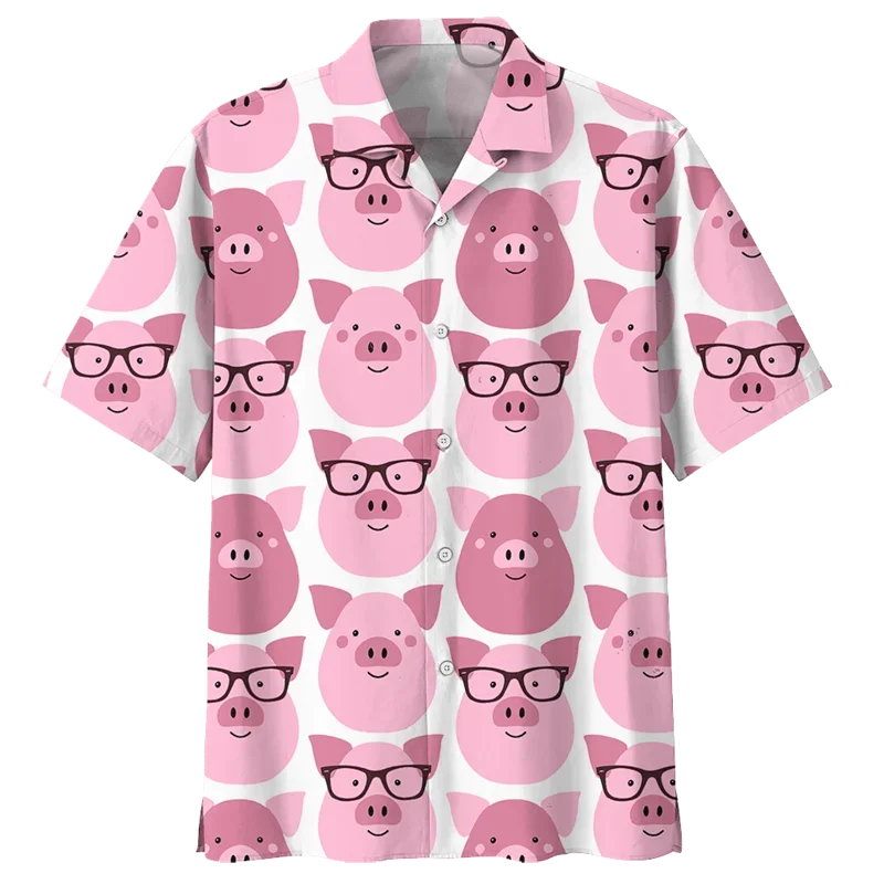 Cartoon-Pig-Pattern-Hawaiian-Shirt-For-Men-3D-Printed-Animals-Short ...