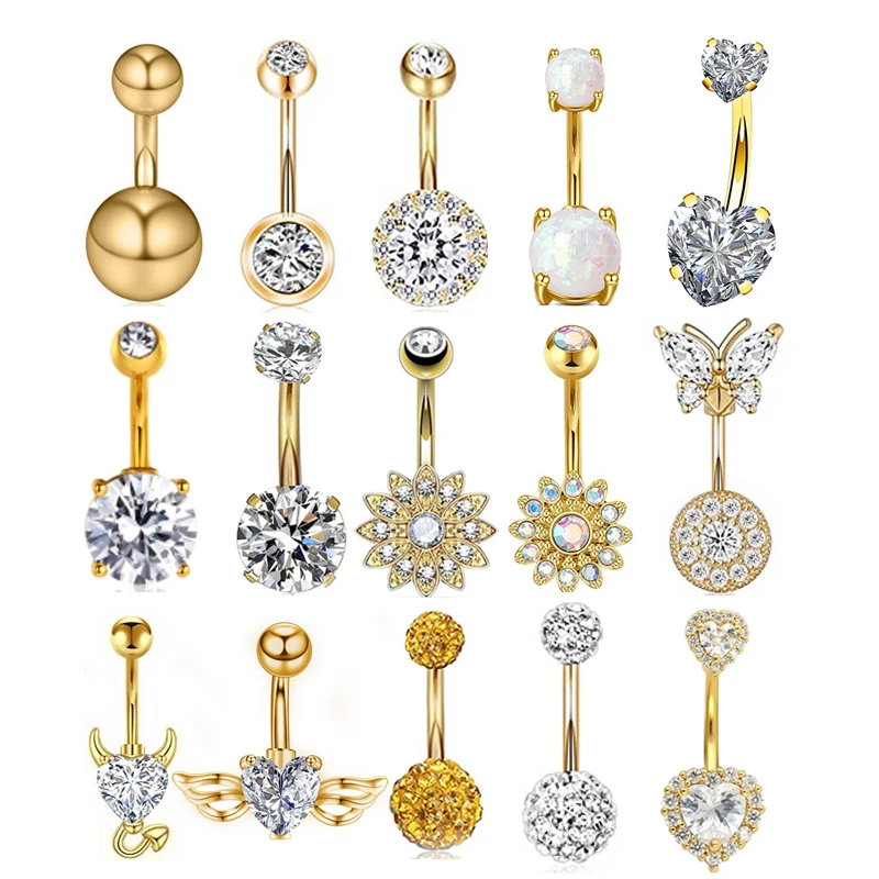 1Pc-Gold-Color-Stainless-Steel-Belly-Ring-Flower-Heart-Shaped-CZ ...