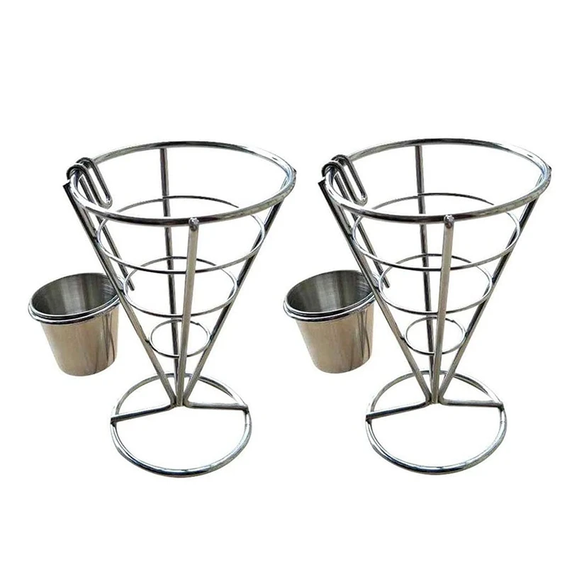 2Pcs-French-Fries-Stand-Cone-Basket-Fry-Holder-With-Sauce-Dippers-Metal ...