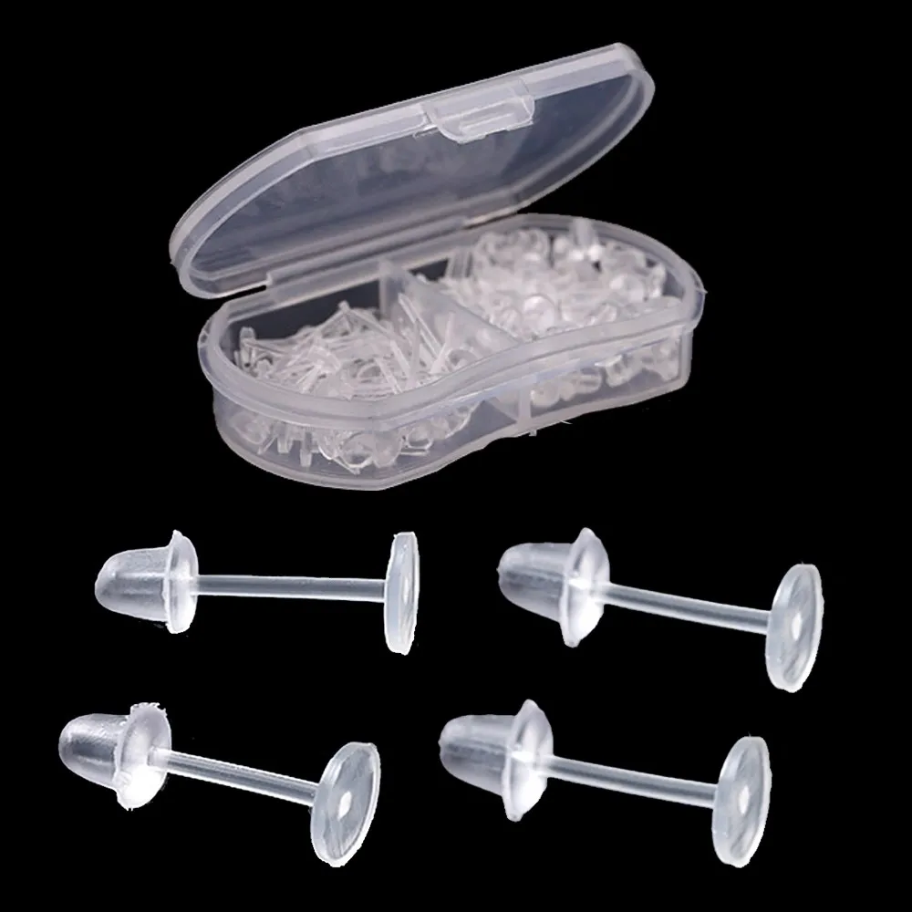 100pcs White Hypoallergenic Earrings Plastic Clear Ear Pins Needle and ...
