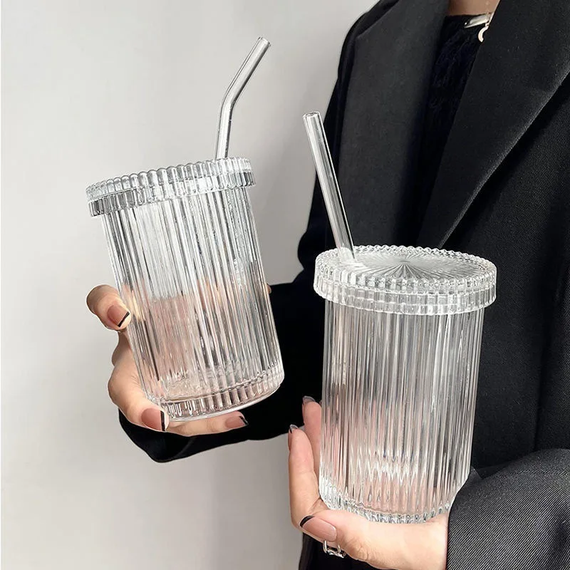 390Ml-Simple-Stripe-Glass-Cup-With-Lid-and-Straw-Transparent-Bubble-Tea ...