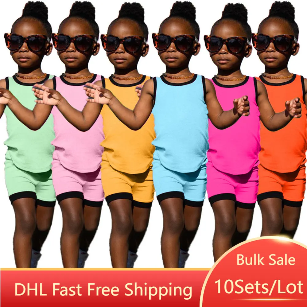 10Sets-Bulk-Wholesale-Children-Summer-Clothing-Sets-Solid-Sleeveless-O ...