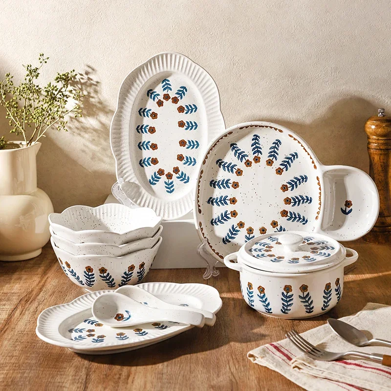 Retro Small Flowers Ceramic Plate High End Household Rice Bowls ...