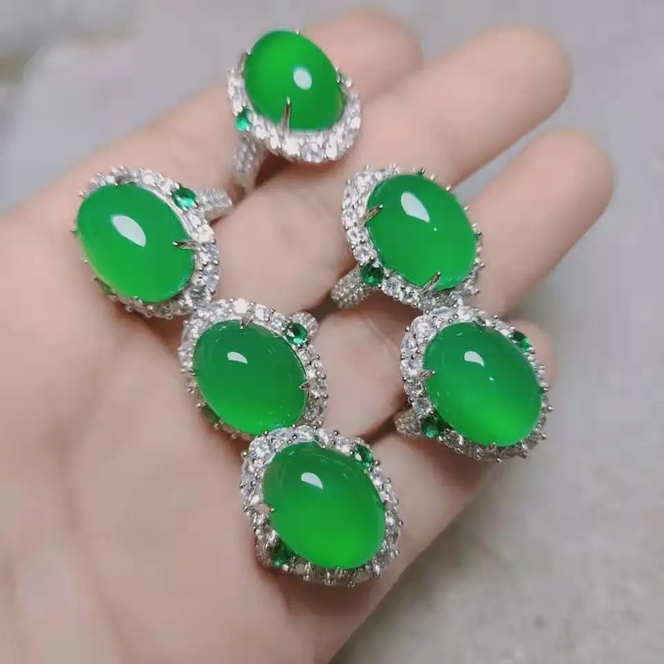 Natural Green Jade Silver Ring With Zircon Chrysoprase Adjustable Bands ...