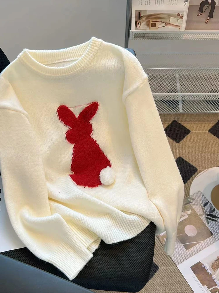 Women White Pullover Sweater Harajuku Y2k Long Sleeves Knitted Cashmere ...