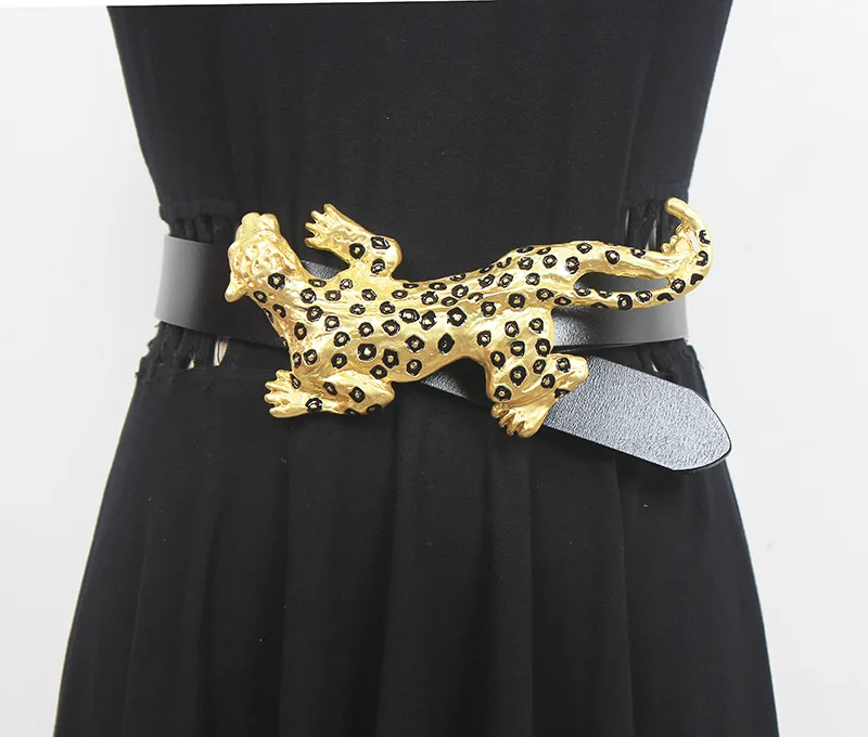 New Vintage Elastic Real Leather Belt Metal 3D Leopard Pattern for ...