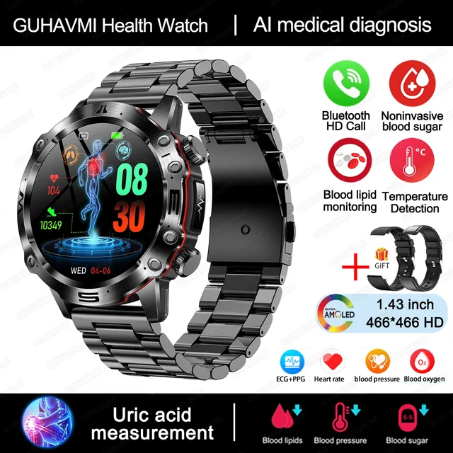 2024 New Blood Lipids Uric Acid Blood Glucose Smart Watch For Men ECG+PPG Fitness Tracker Clock ...