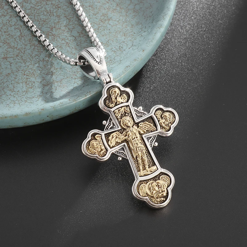 Vintage-Archangel-Michael-Cross-Pendant-Men-s-Catholic-Amulet-Necklace ...