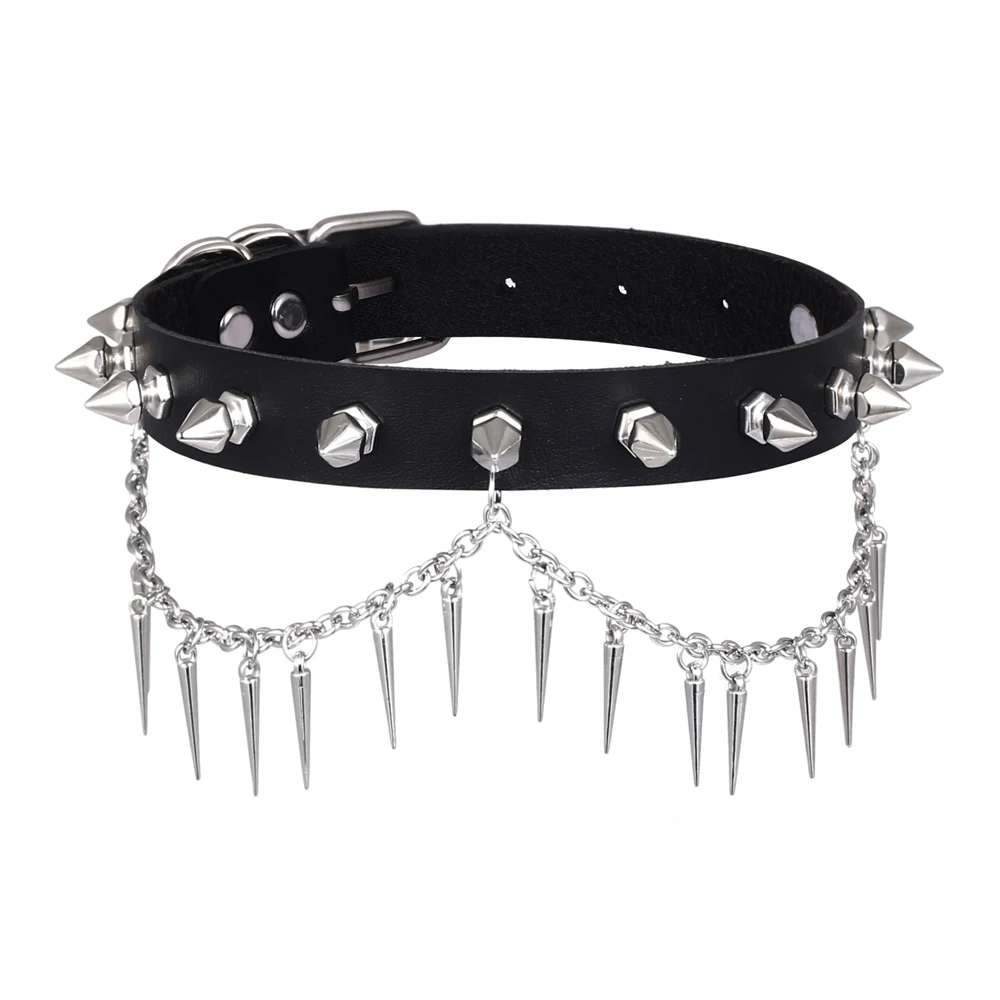 Punk-Spiked-Choker-Necklace-For-Women-Men-Black-Leather-Collar-Chain ...