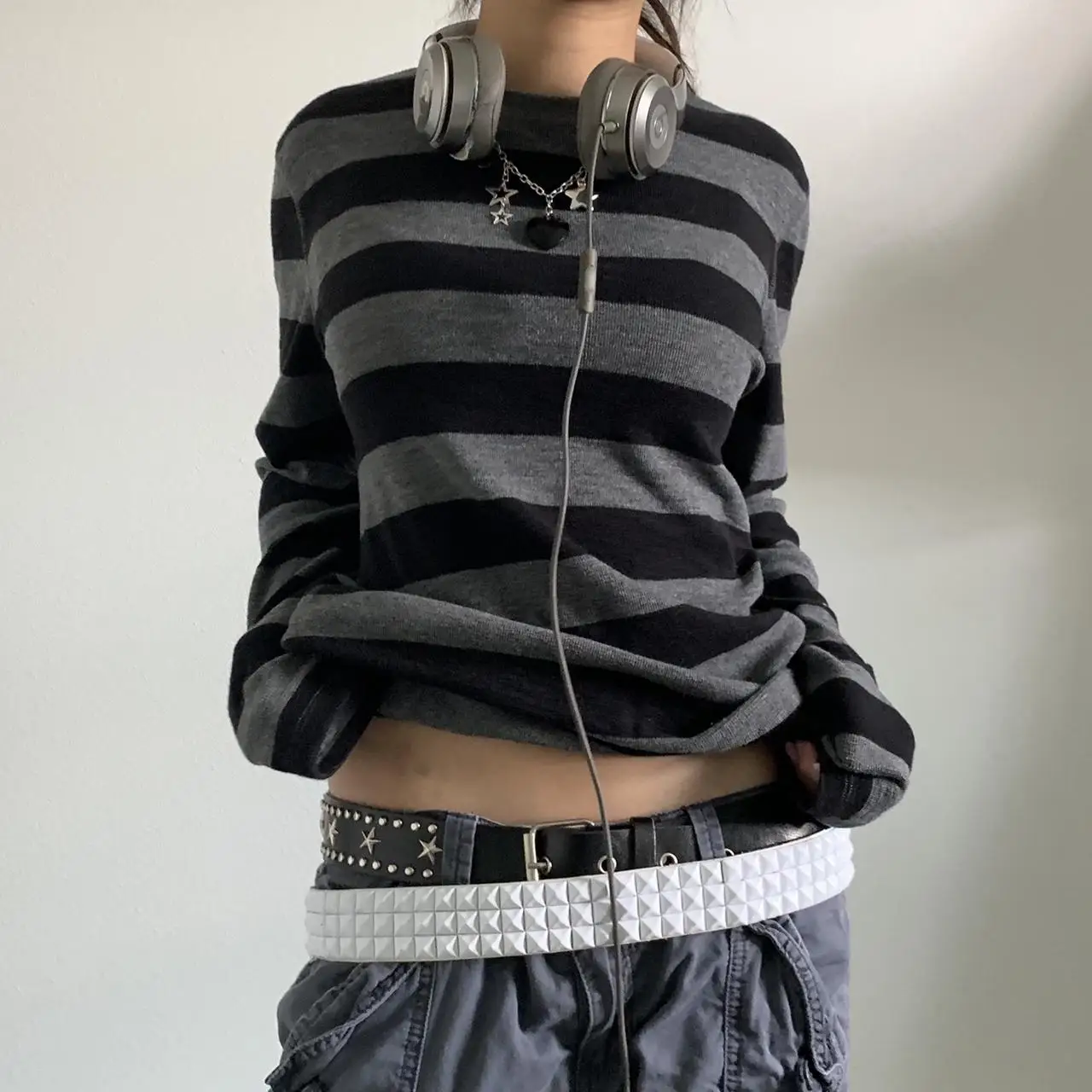 Women-Fairy-Grunge-Knit-Basic-Shirt-Autumn-Y2K-Grey-Black-Striped-Long ...