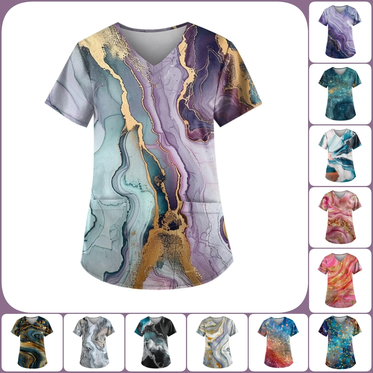 Women-Nurse-Uniform-Starlight-Pattern-3D-Print-V-Neck-Pocket-Medical ...