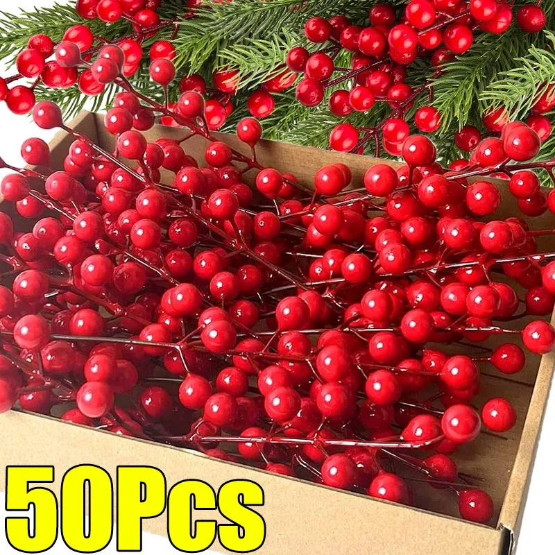 1-50Pcs Artificial Berries Christmas Decoration Red Berry Branches 12/ ...