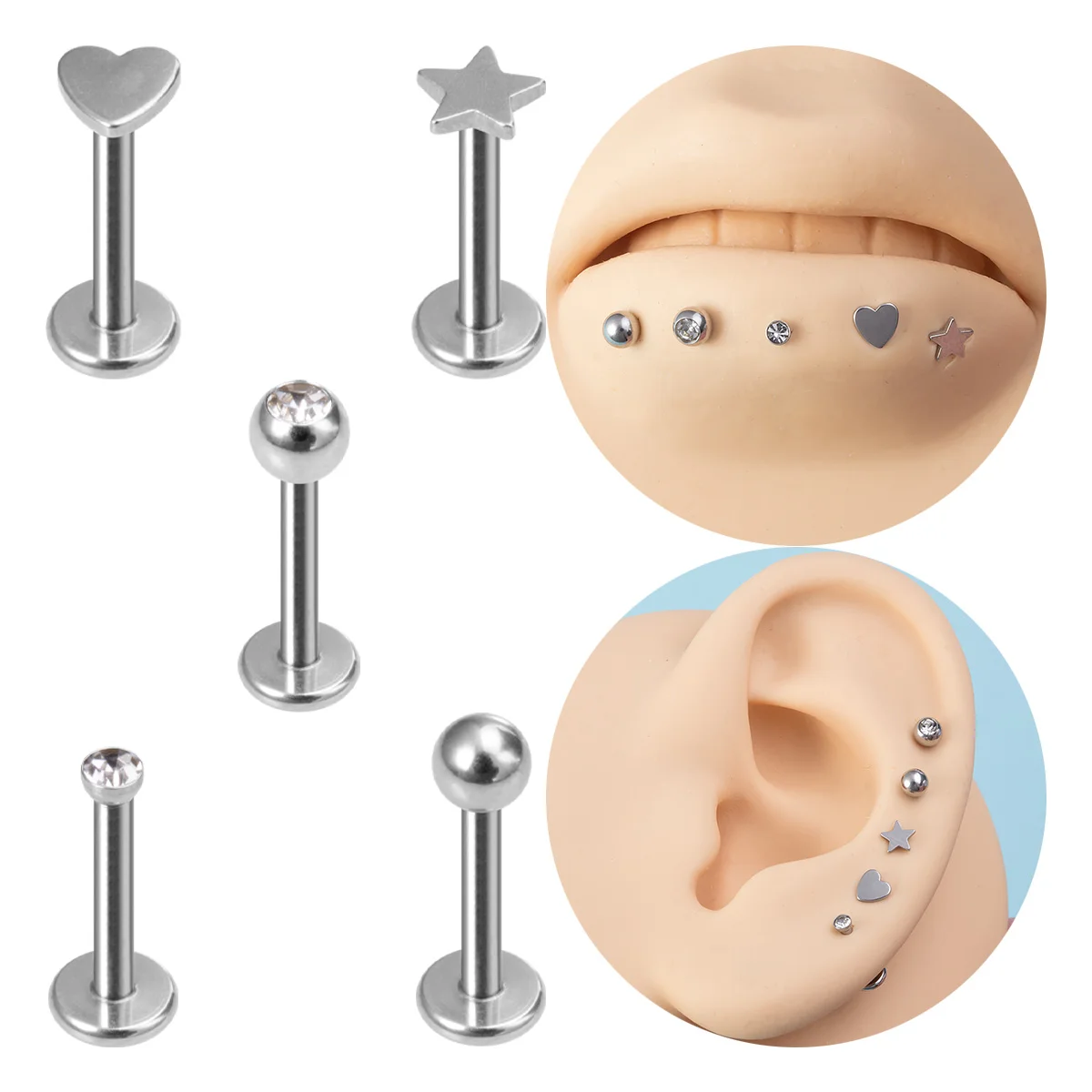 Piercing-Labret-para-labio-de-acero-inoxidable-bola-de-cristal-estrella ...