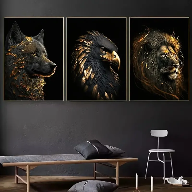 3pcs/set Modern Poster Golden Wolf Gold Eagle Lion Wall Art Canvas ...
