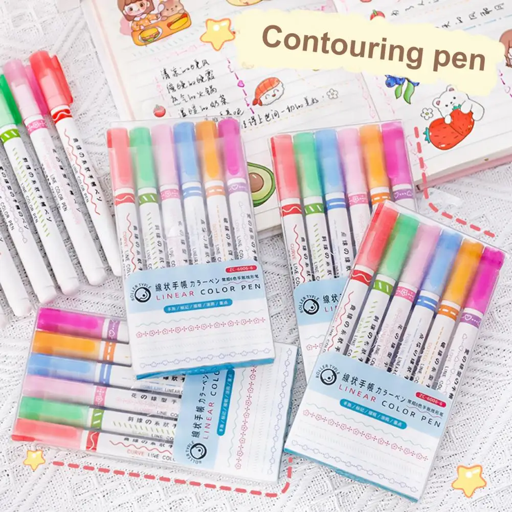 6Pcs-Flowers-Line-Shaped-Highlighter-Pens-Roller-Tip-Curve-Liner-Marker ...