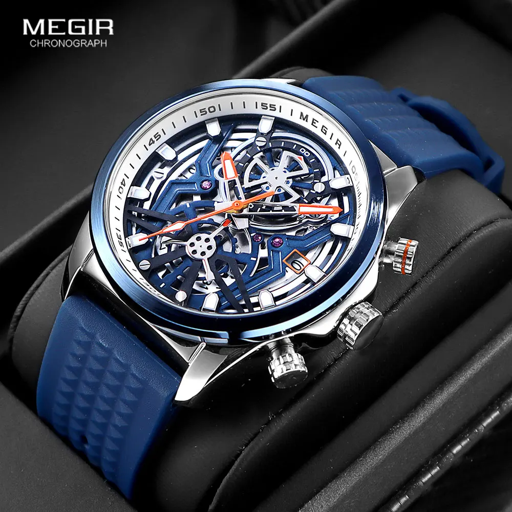 MEGIR-Sport-Chronograph-Watch-for-Men-Navy-Blue-Silicone-Strap ...