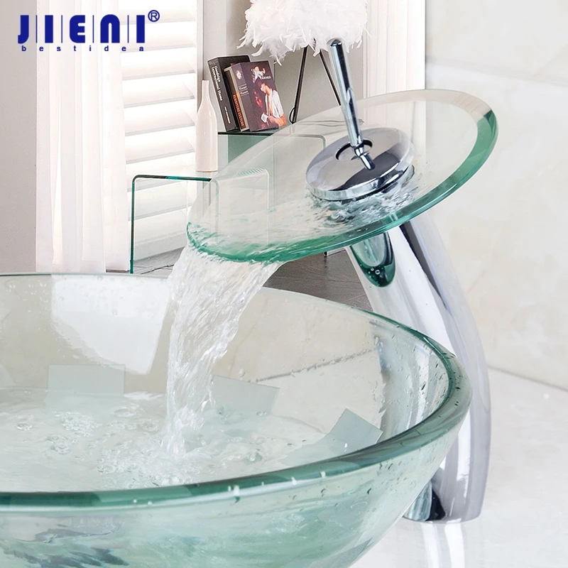 JIENI-Water-Tap-Chrome-Brass-Transparent-Tempered-Glass-Waterfall ...