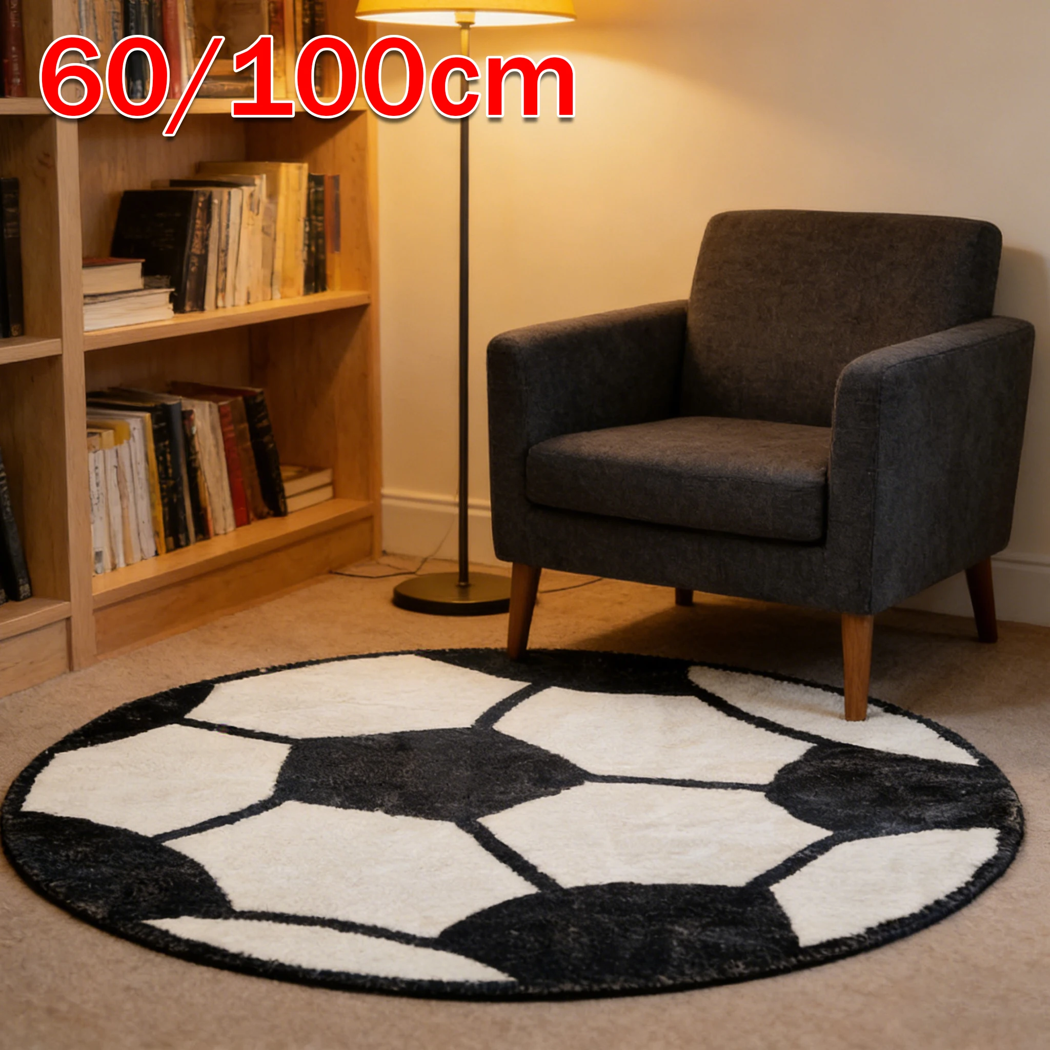 Washable Kids Crawling Mat Black Soccer Soft Plush Round Rug Non Slip ...