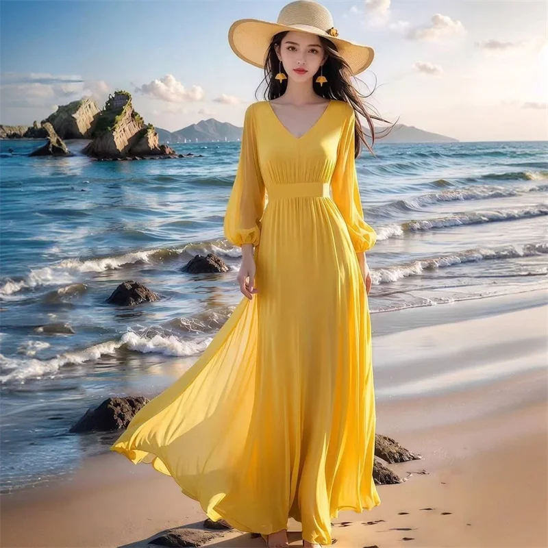 Women Yellow Chiffon Dress Spring Summer New Long Sleeved Dress Large ...