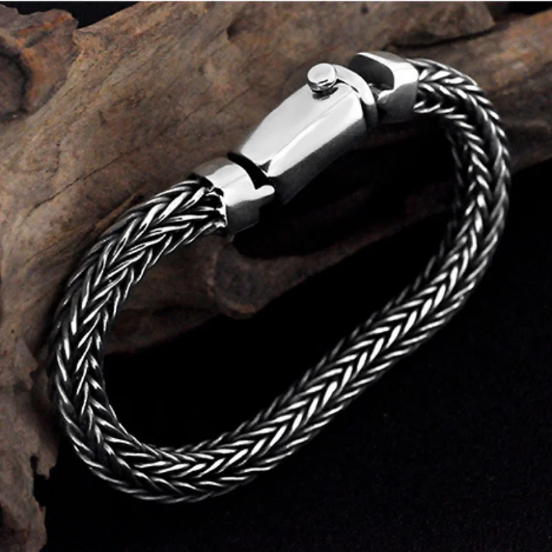 8mm-Width-Real-Silver-Trendy-Men-s-Bracelet-Thai-Silver-Retro-Weave ...