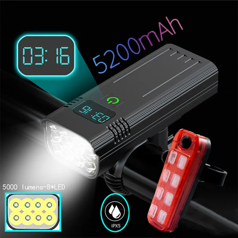 8LED Bike Light USB Rechargeable 5200mAh Battery LED Bicycle Light ...