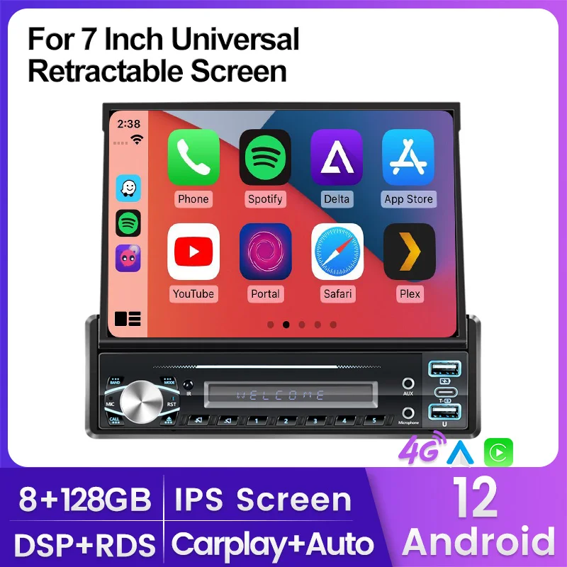 Wireless-Carplay-1-Din-Car-Radio-7Inch-IPS-Retractable-Screen ...