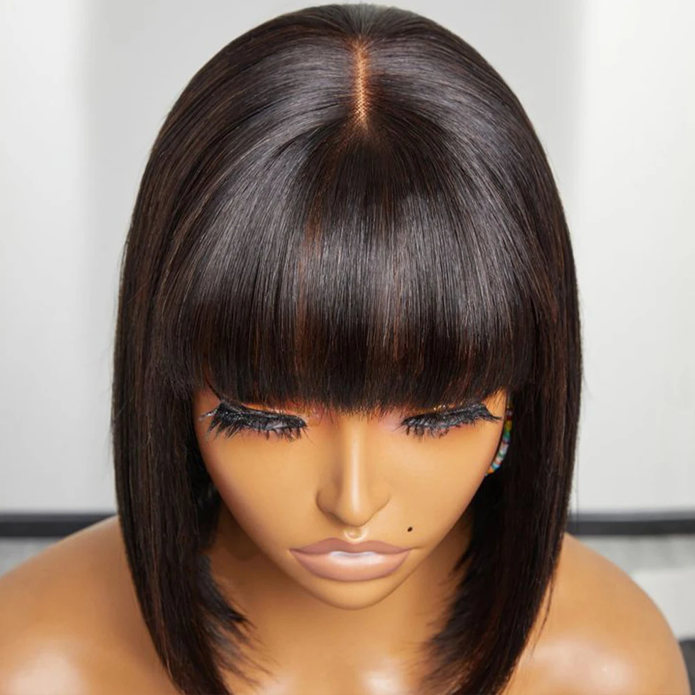 Choice-Short-Bob-Wig-Bone-Straight-100-Human-Hair-With-Bangs-3x1-Lace ...