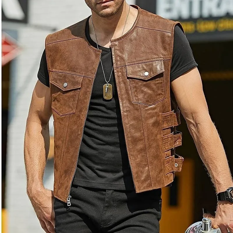 Men-Vintage-Brown-Motorcycle-Vests-Zipper-Pockets-Leather-Jacket ...