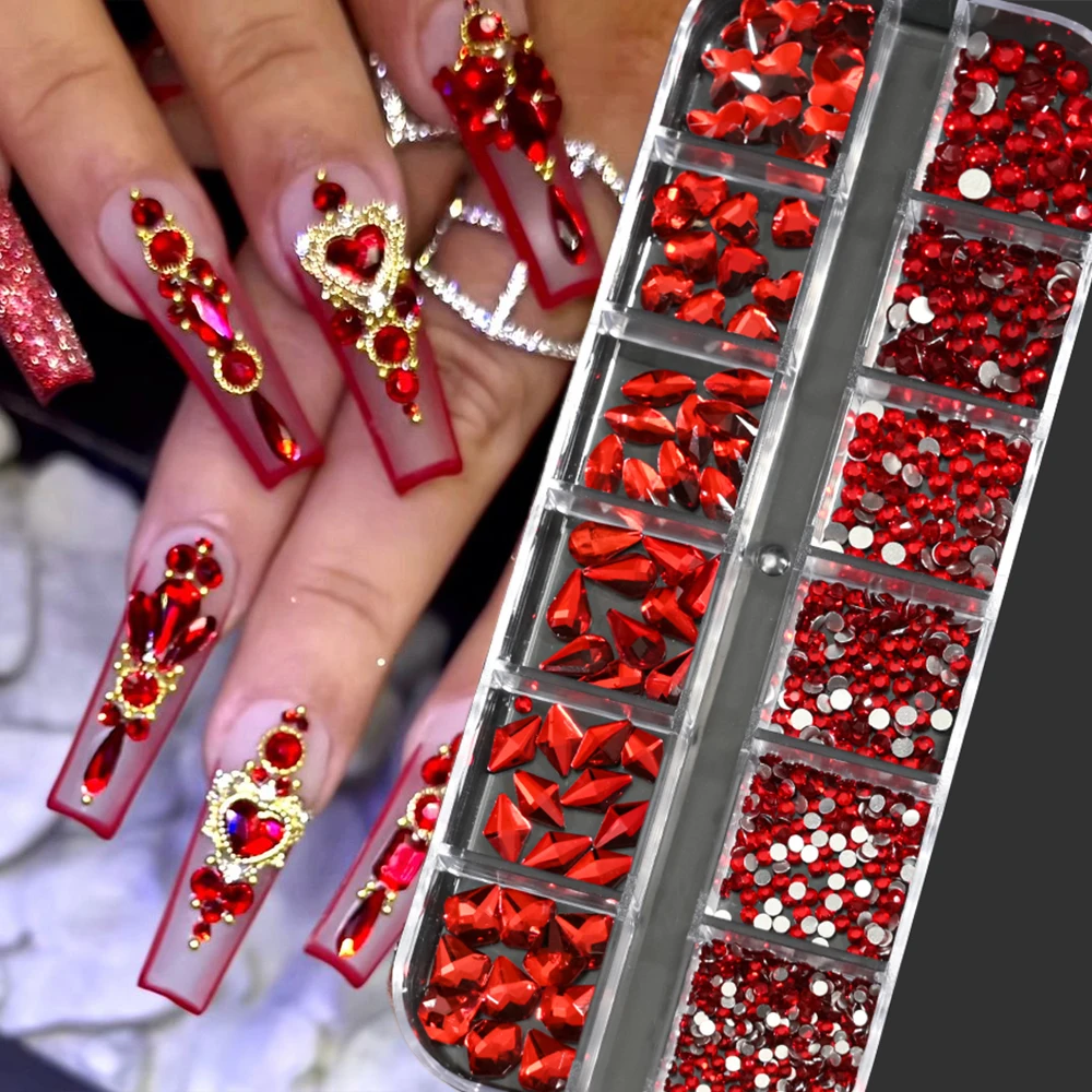 12Grids Luxury Ruby Red Nail Gems Round/Drop/Heart Shape Crystal Nail ...