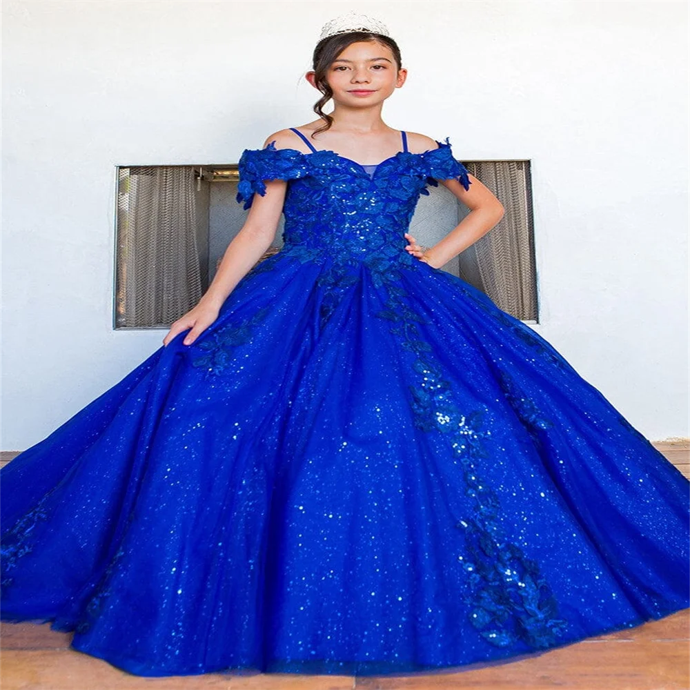 Royal Blue Flower Girl Dress with Spaghetti Band Lace Stickers Thin ...