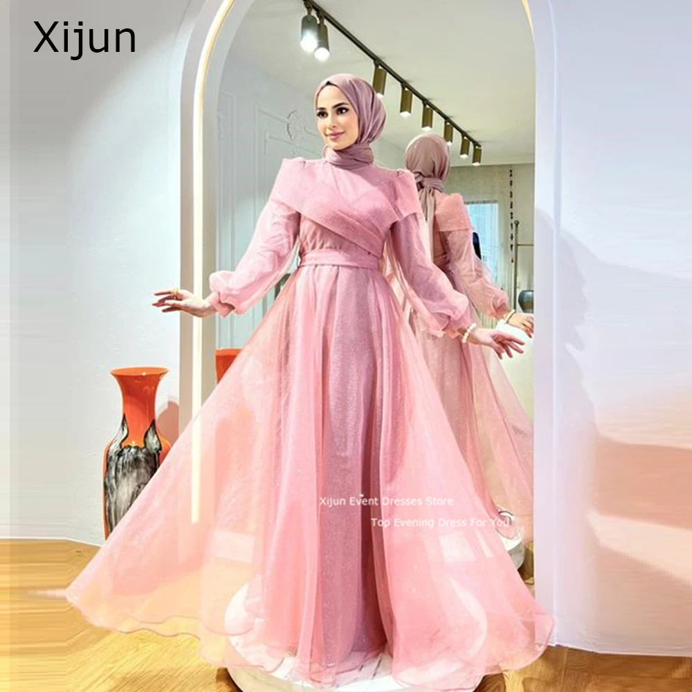 Xijun-Pink-Modest-Tulle-Moroccan-Kaftan-Evening-Dresses-Dubai-Arabic ...