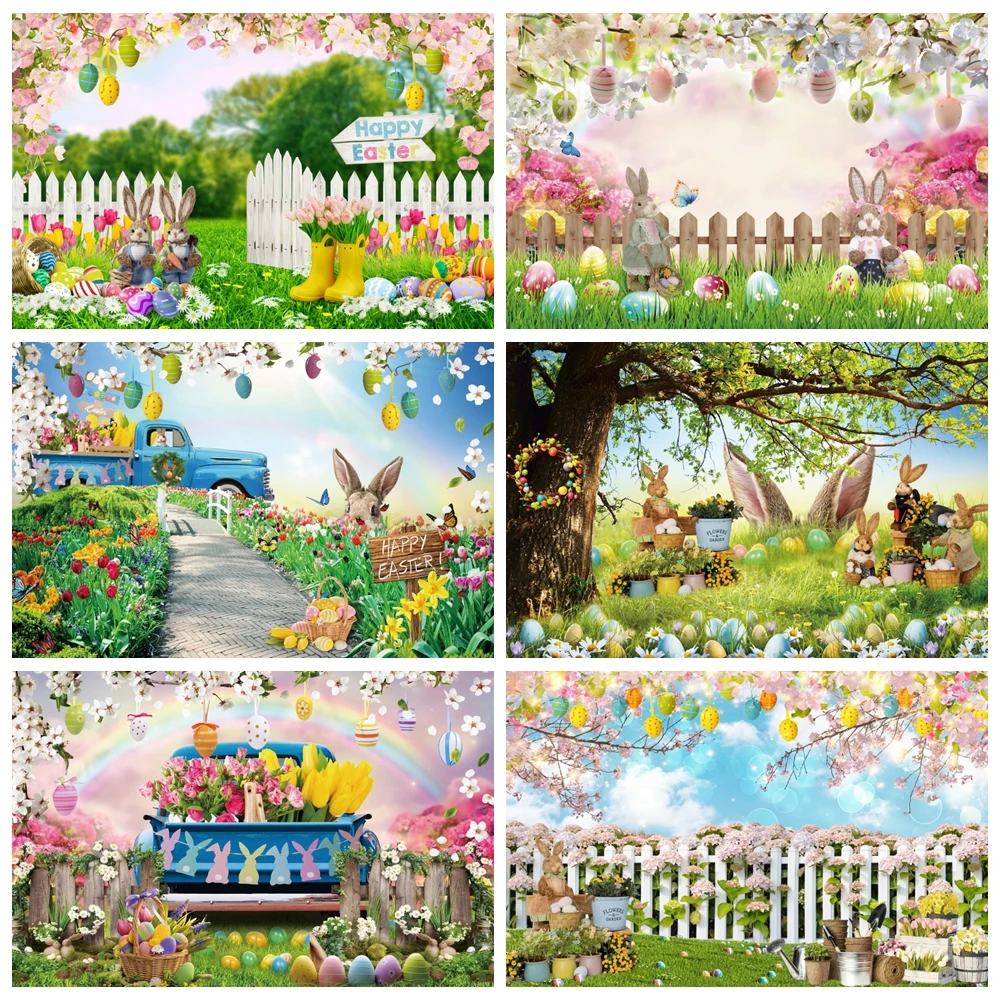 Happy Easter Backdrop for Photography Spring Easter Rabbit Eggs Flower ...